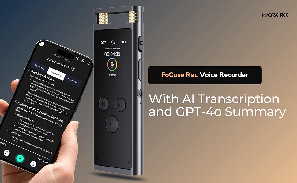 Digital Voice Recorder with APP for AI Voice-to-Text Transcription, GPT-4o Summary, Mind Mapping ...