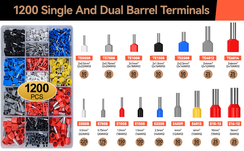 Preciva Ferrule Crimping Tool Kit with 1200PCS Single & Twin Ferrules Connectors,16-4 Square Jaw ...