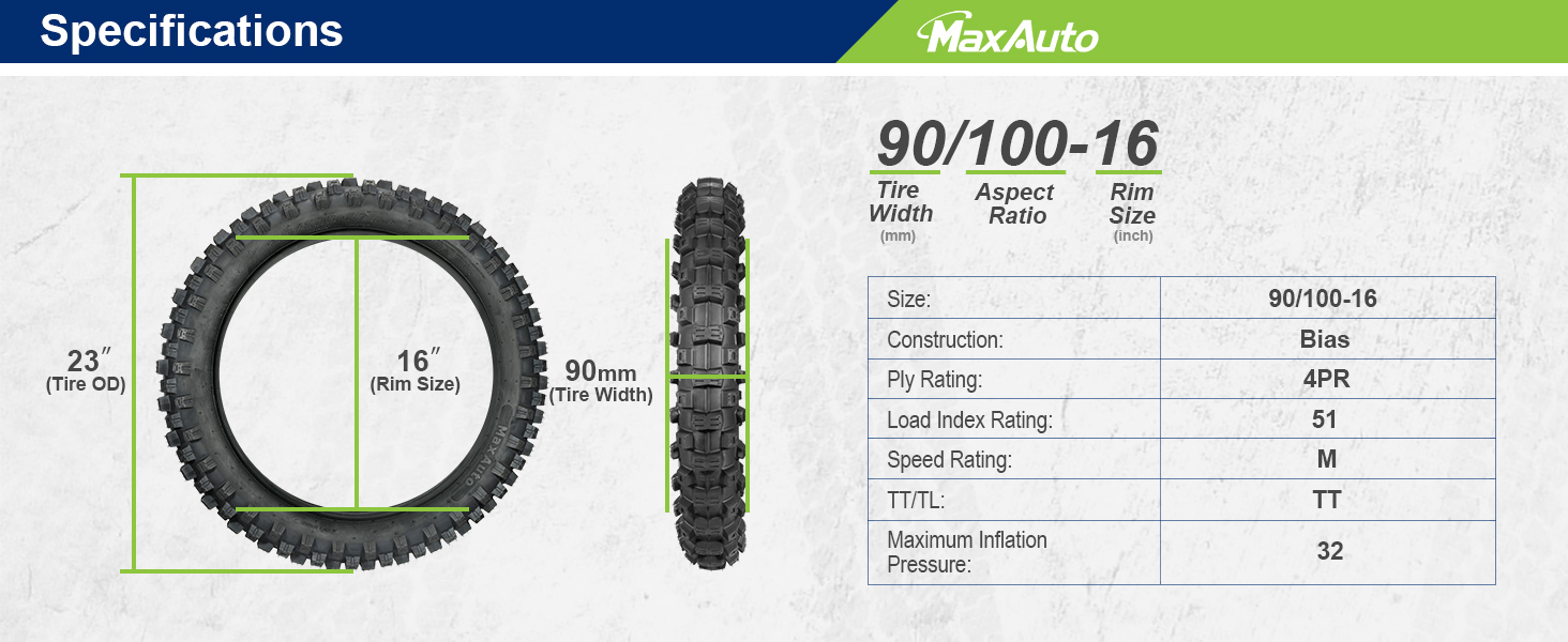Amazon.com: MaxAuto Motocross Rear Tire 90/100-16 Dirt Bike Tire 90/100-16 : Automotive