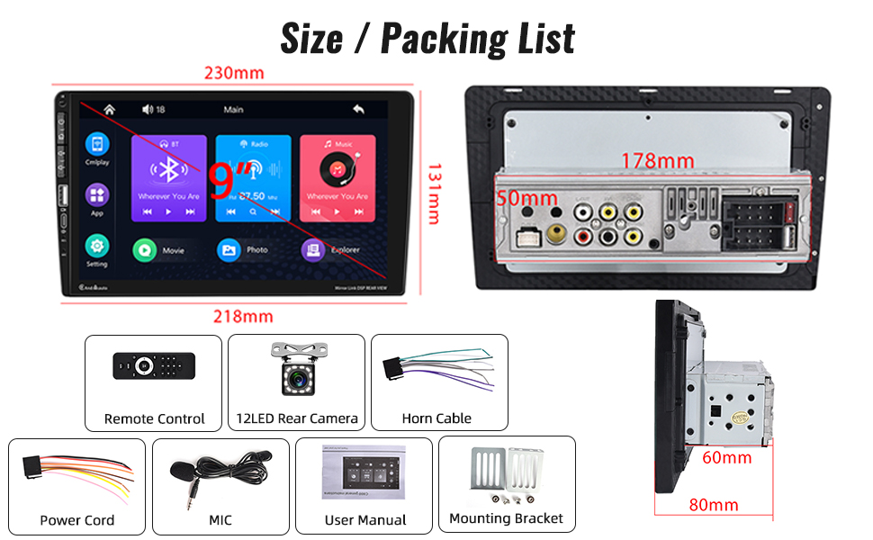 Rimoody - Radio de Coche con visualización táctil de 9 Pulgadas, 1 DIN, Radio de Coche con ...