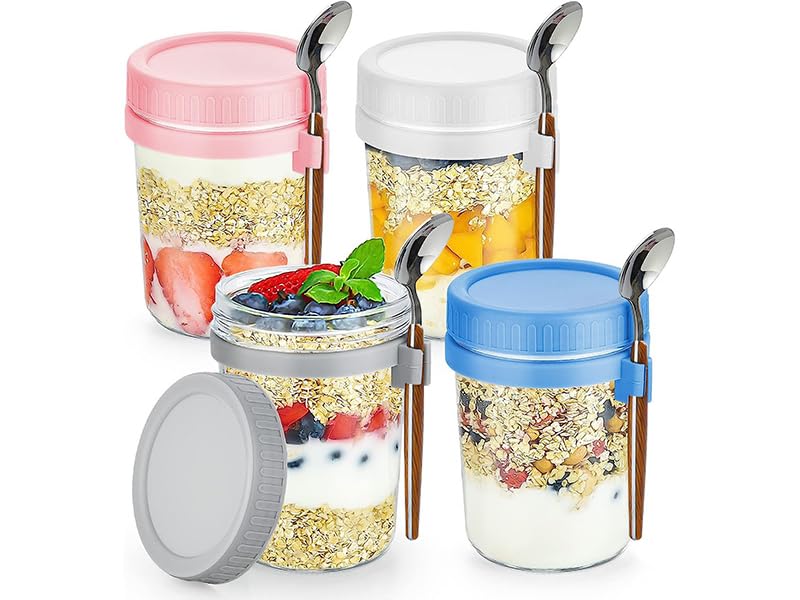 VITEVER 4 Pack Overnight Oats Jars, Overnight Oats Container with Lid and Spoon, 10 oz overnight ...