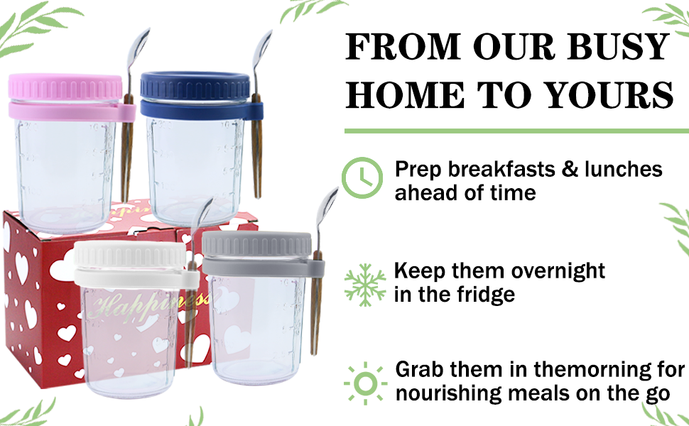 Kvittra Overnight Oats Containers with Lids and Spoons - 4 Pack Glass Mason Jars, 350ML Oats ...