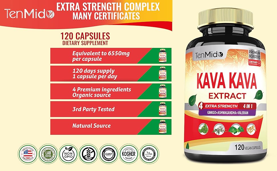 Amazon.com: Tenmido Kava Kava Supplement Extract Capsules 6550mg, 4 Months Supply with Ginkgo ...