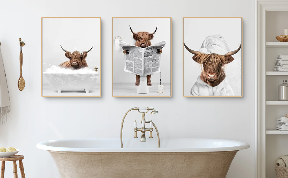 Amazon.de: Trayosin 3-teiliges Premium Poster Set,Lustige Hochland Kuh Wandkunst in Badewanne ...
