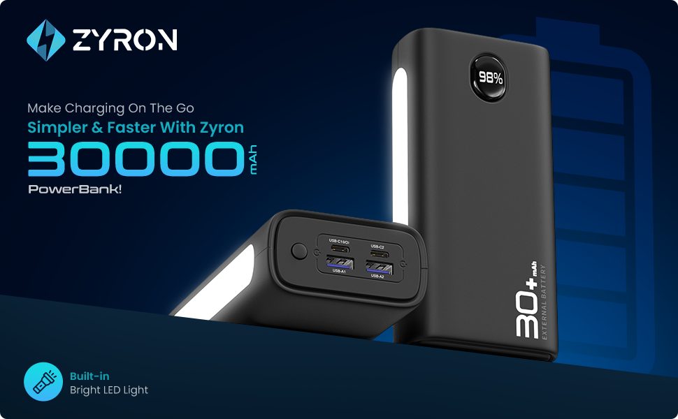 Zyron Power Bank 30000mah, 20W USB C Fast Charge Battery Bank, 90 Hours Flash Light, High ...