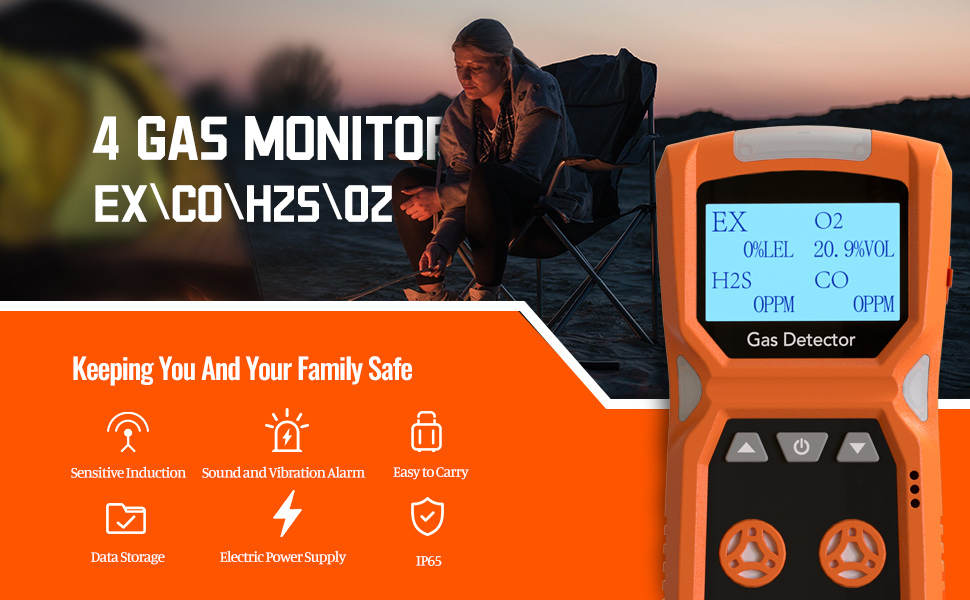 4-in-1 Gas Detector, Portable CO, H2S, O2, LEL Monitor with Vibration, Visual & Audible Alerts ...
