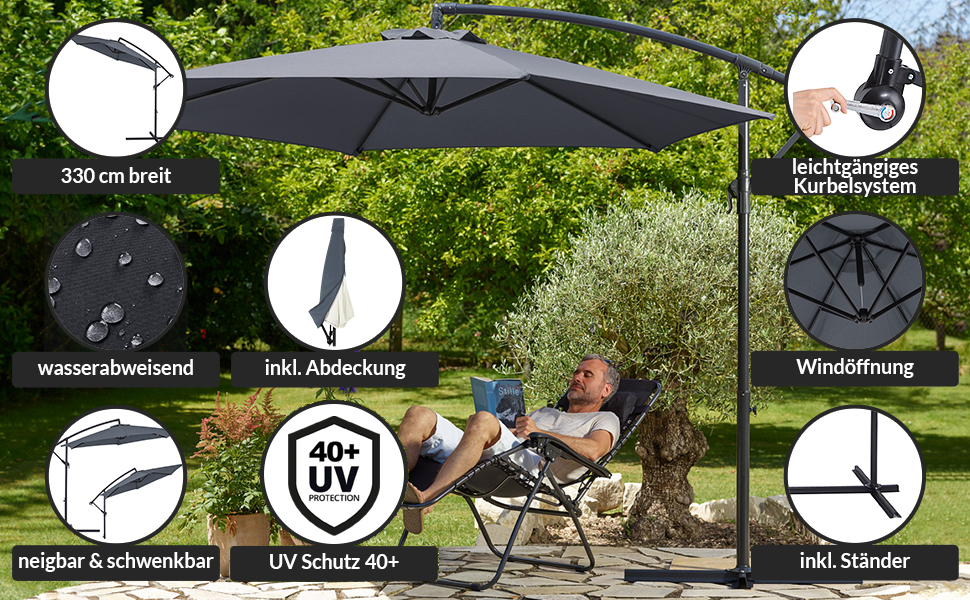 Kingsleeve® Sonnenschirm UV-Schutz 50+ mit Ständer Schutzhülle Windsicherung 300cm Kurbel Alu ...