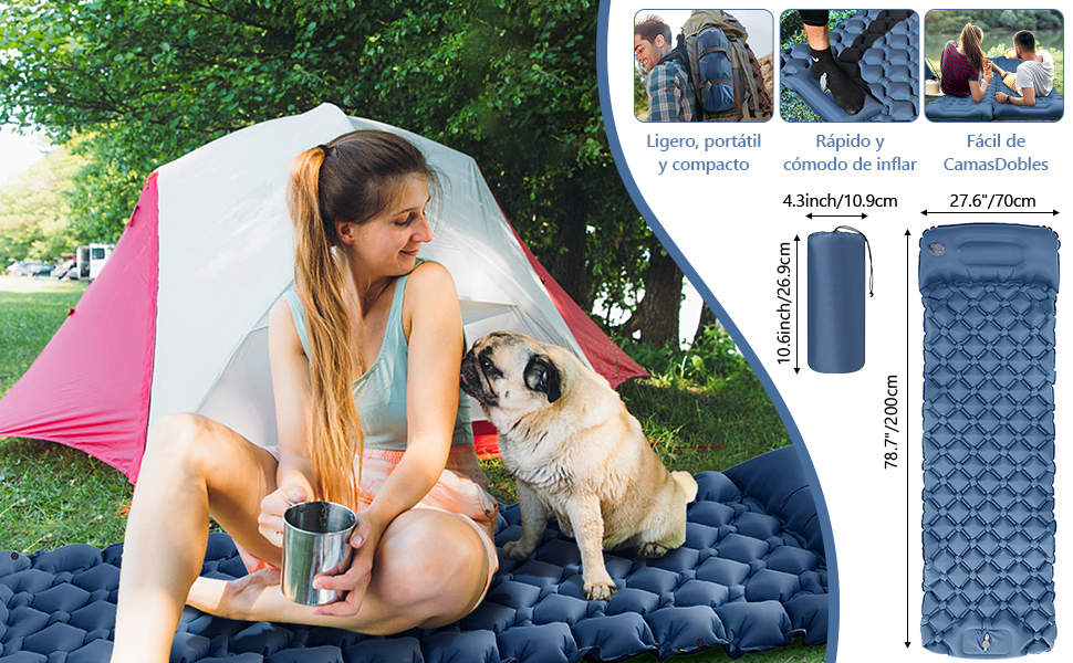 Colchoneta Inflable Camping con Almohada Incorporada, Colchón Inflable Dormir Portátil, Estera ...