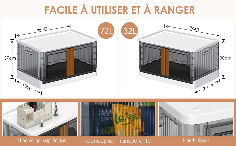 IIRARA Boîte de Rangement Empilable 1x32L Boite Plastique Ouverture Frontale et Supérieur Caisse ...