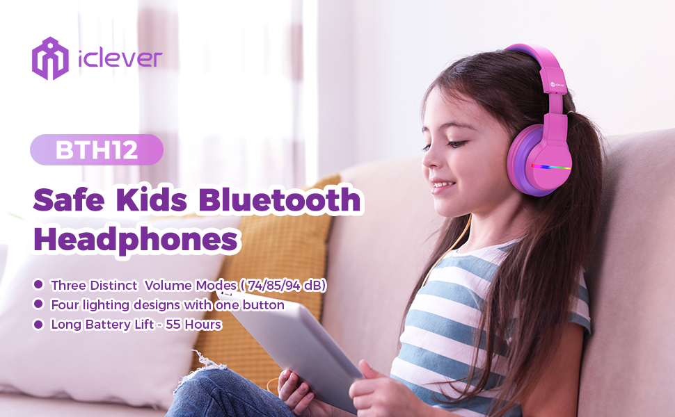 iClever BTH12 Kids Bluetooth Headphones,Colorful LED Lights Wireless Kids Headphones,74/85/94dB ...