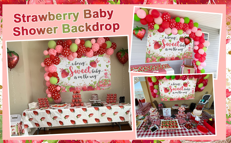 Amazon.com : Mocsicka Strawberry Baby Shower Backdrop Strawberry Girl Baby Shower Party ...