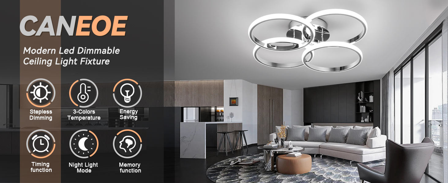 CANEOE Modern LED Ceiling Light, 4 Rings Dimmable Ceiling Light Fixture ...