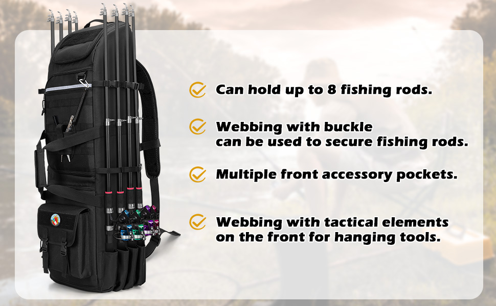 Rexmica Fishing Backpack Holds 8 Rods & Reels, Fishing Tackle Bag with Compartment for Tackle ...