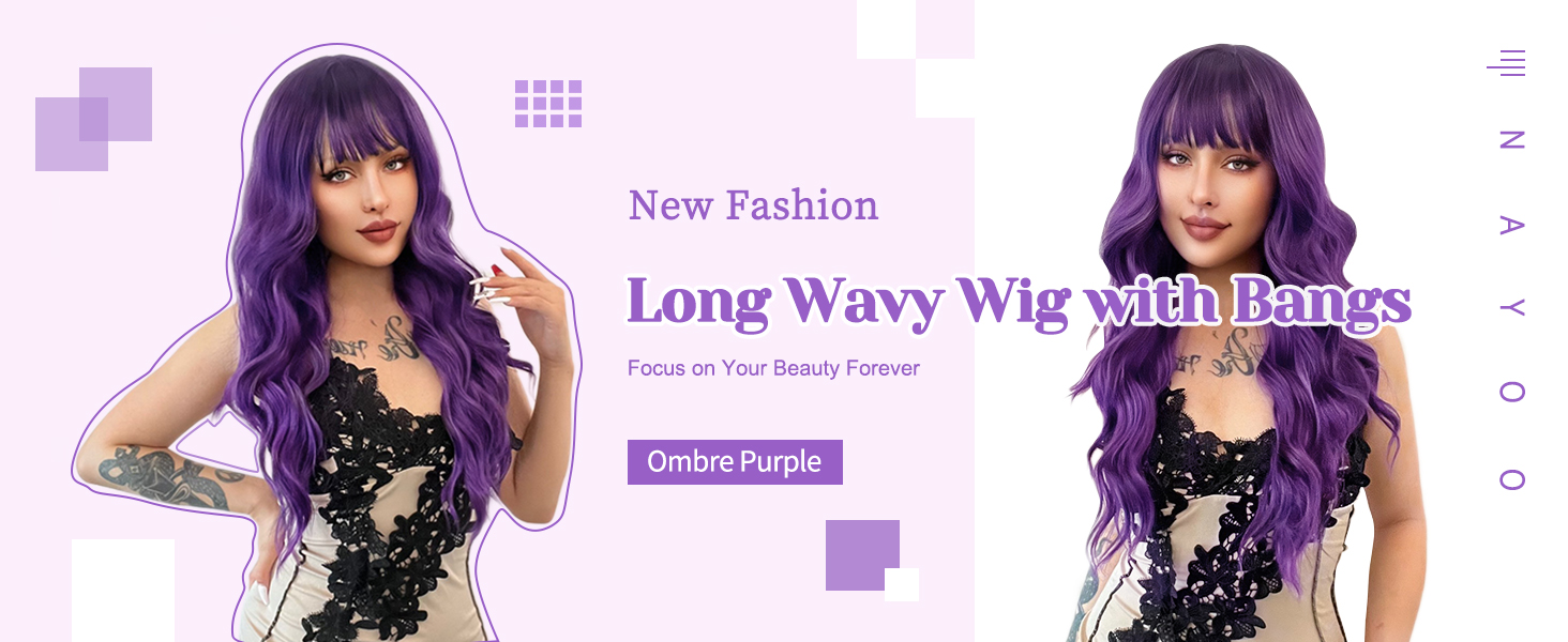 Amazon.com : NAYOO Purple Wigs with Bangs - Long Curly Wavy Hair Wigs, Heat Resistant Synthetic ...