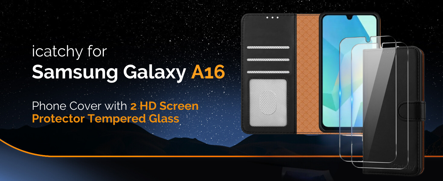 iCatchy for Samsung A16 Case with 2x Screen Protector Leather Magnetic Flip Cover Card Holder ...