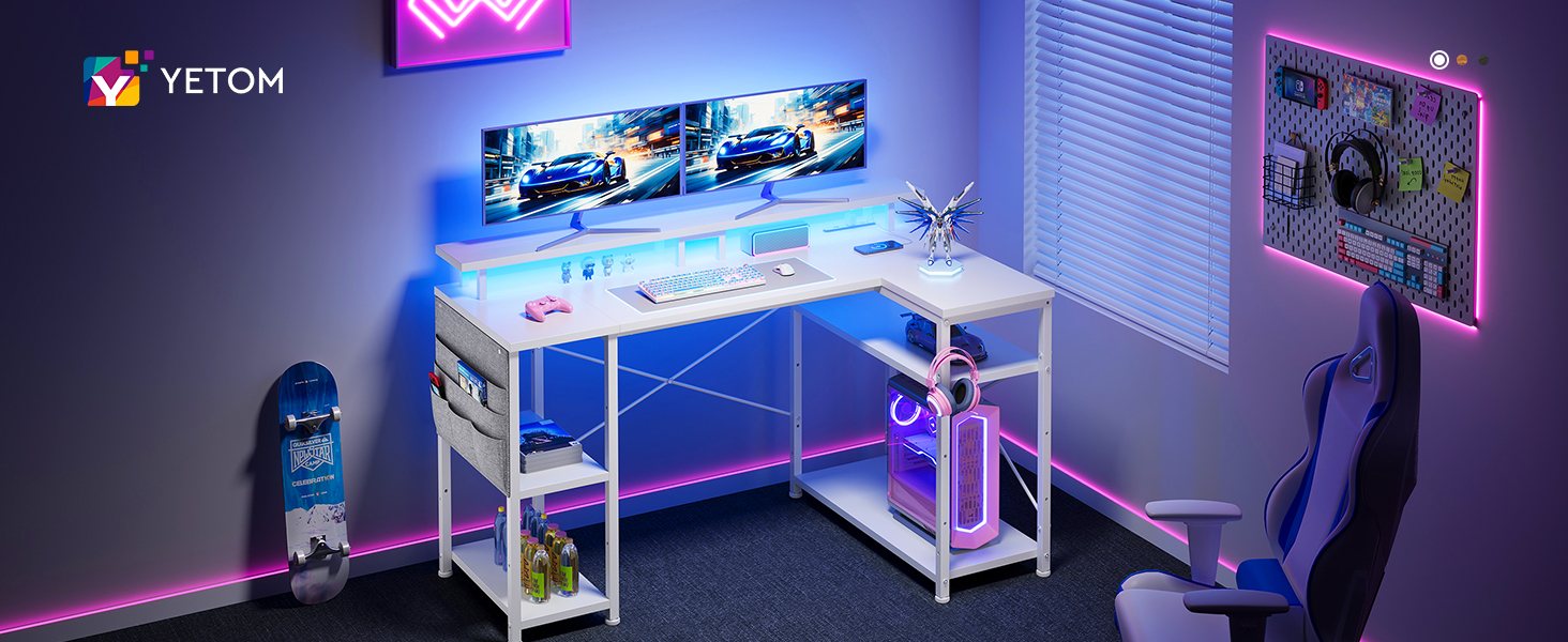 Amazon | YeTom l字デスク LEDライト付き ゲーミングデスク 幅130cm モニター台付き パソコンデスクpcデスク コーナーデスク 棚板高さ調節可能 収納袋付きゲーミング ...