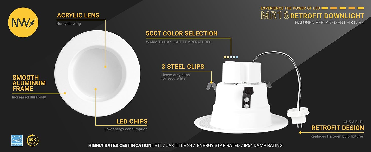 NUWATT 12 Pack 4 Inch MR16 Retrofit LED Recessed Lighting, 5CCT Selectable 2700K/3000K/3500K ...