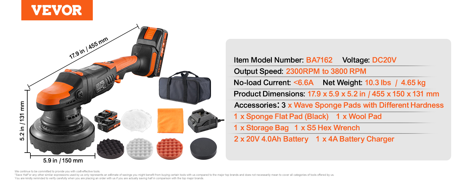 Amazon.com: VEVOR 20V Cordless Buffer Polisher, 6-Inch Brushless Dual Action Polisher with 2PCS ...