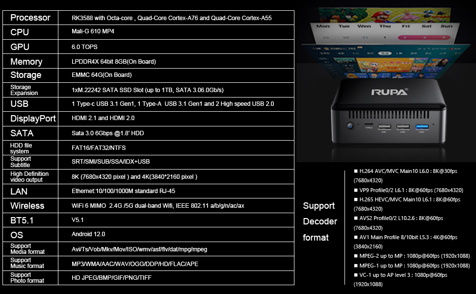 Amazon.com: RK3588 Mini PC Octa-Core 8K AI Mini Computer Comes with up to 8GB RAM with Gigabit ...