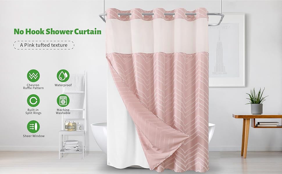 Amazon.com: eachope Extra Long Blush Pink No Hook Shower Curtain with Snap-in Liner,Boho White ...