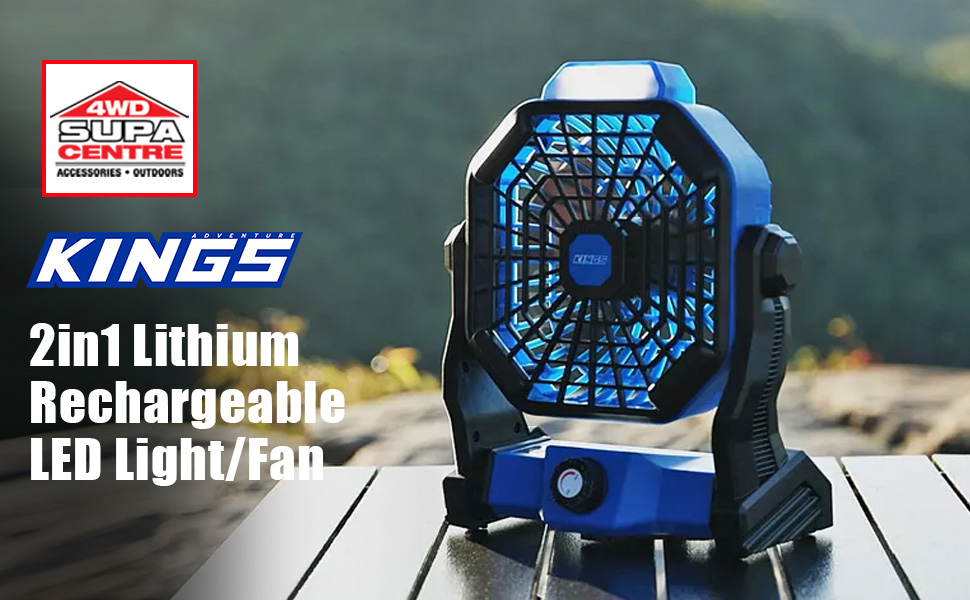 Kings 2in1 Lithium Rechargeable LED Light/Fan | Freestanding or Hanging Hook | Adjustable Speed ...