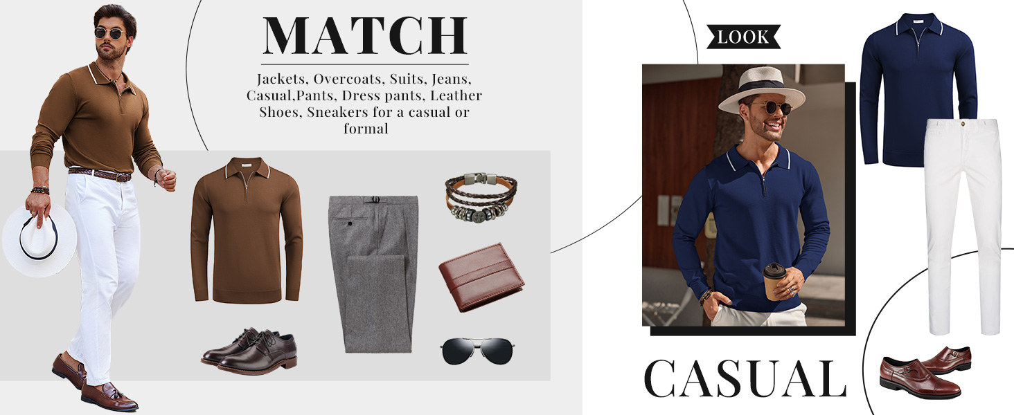 COOFANDY Men's Knit Polo Shirt Long Sleeve Quarter Zip Polo Sweater Casual Golf Shirts Vintage ...