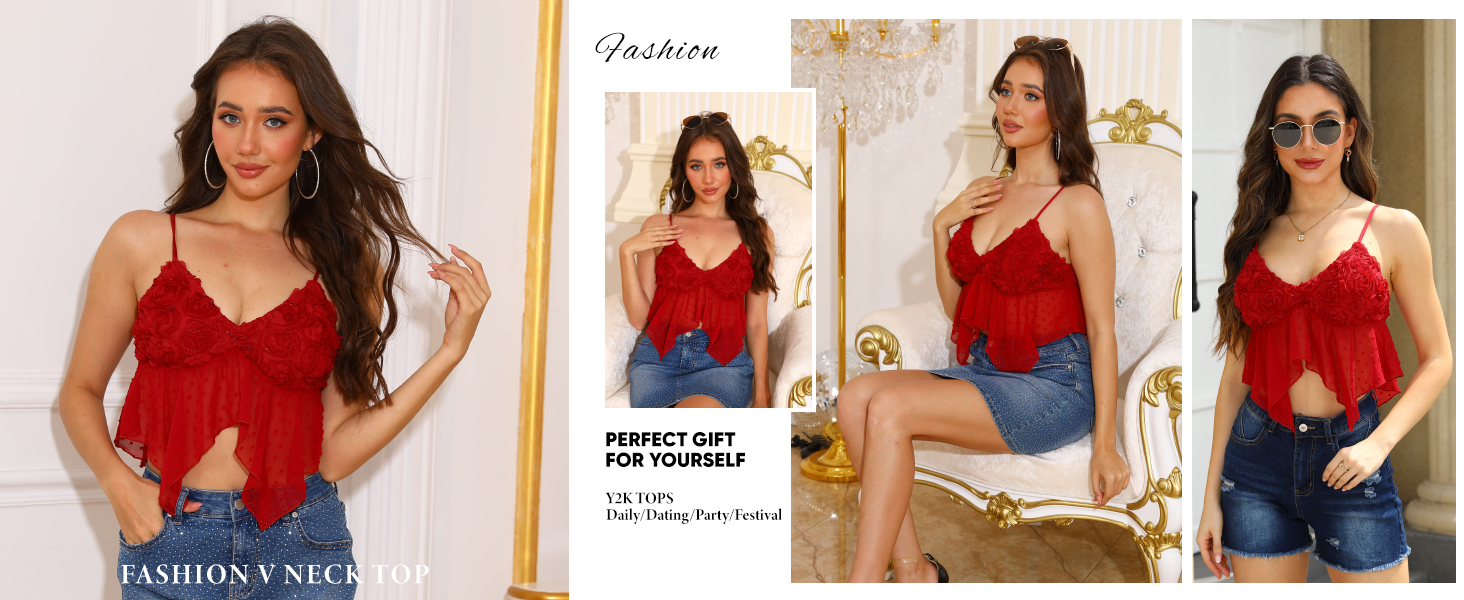 Amazon.com: AIMISHI Sexy 3D Floral Crop Cami Top for Women with Built in Bra Spaghetti Strap Y2K ...