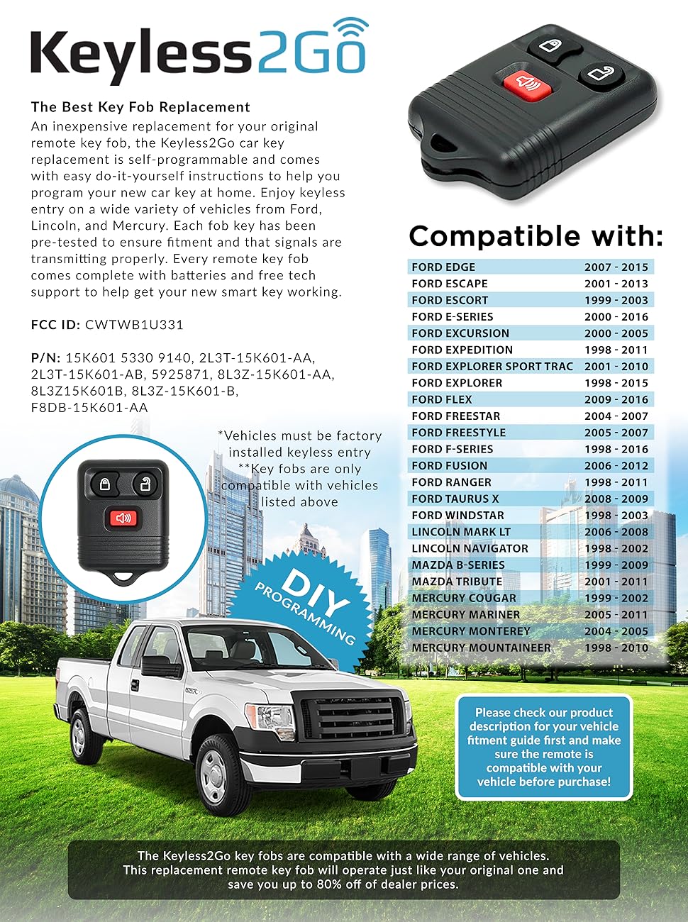 Amazon.com: Keyless2Go Replacement for Keyless Entry Car Key Fob ...