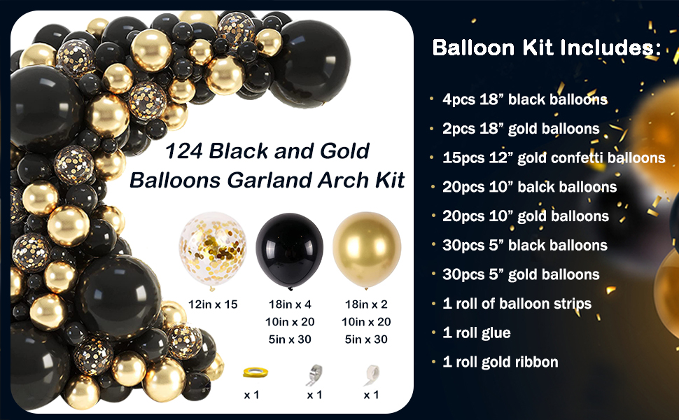 Black Gold Balloons Arch Garland Kit, 124Pcs Black and Gold Balloon Arch Kit with Confetti Latex ...