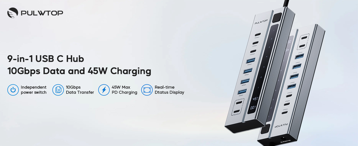 Pulwtop 9 In 1 Powered Usb Hub 3 X Usb C 10gbps 4 X Usb A 5gbps 2 X 20 45w Usb C Pd Charging