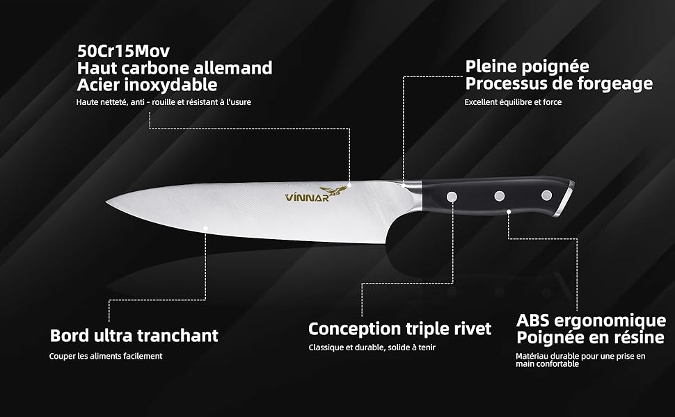 VINNAR Couteau de Chef 20cm Super Tranchant - Professionnel de Cuisine ...