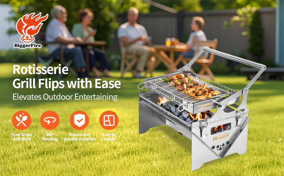 Amazon.com: BiggerFire 360° Rotating Barbecue Grill, Stainless Steel Flipping Barbecue Grills ...