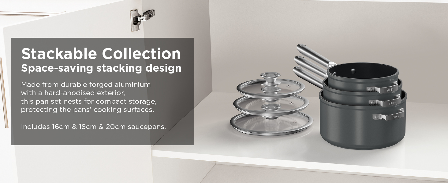 Ninja ZEROSTICK Stackable Cookware 3-Piece Pan Set, Non-Stick, 3 Saucepans, 16cm, 18cm and 20cm ...