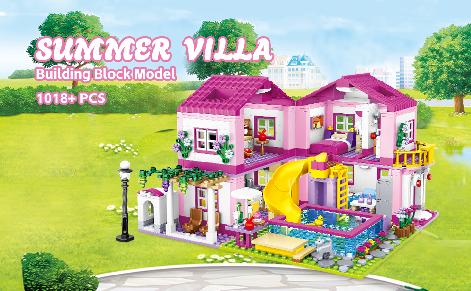 Amazon.com: CSNRHG Pink Summer Pool Villa Building Block Set Friends Construction Educational ...