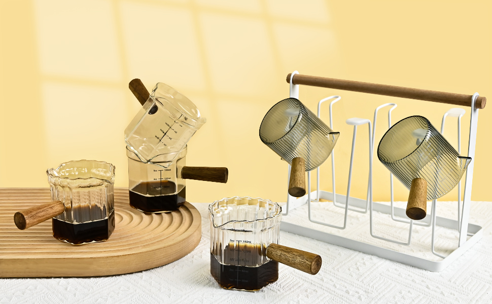 Amazon.com: Denovin Glass Measuring Cup, 4oz Espresso Shot Glass with Wood Handle, Single Spout ...