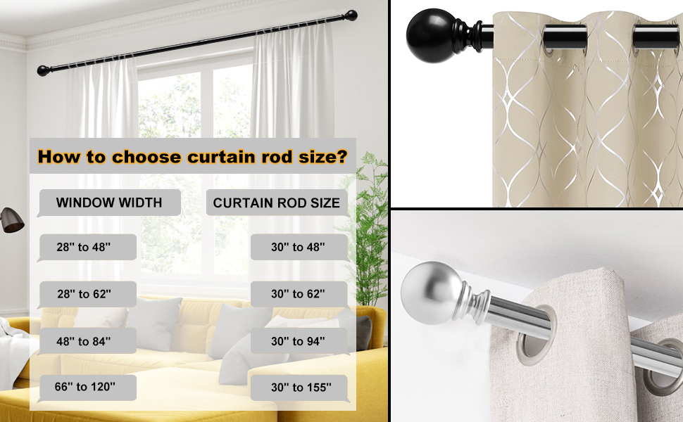 Curtain Rod 48 to 84 inches Adjustable, Black Curtain Rods for Window with Brackets, 1 inch ...