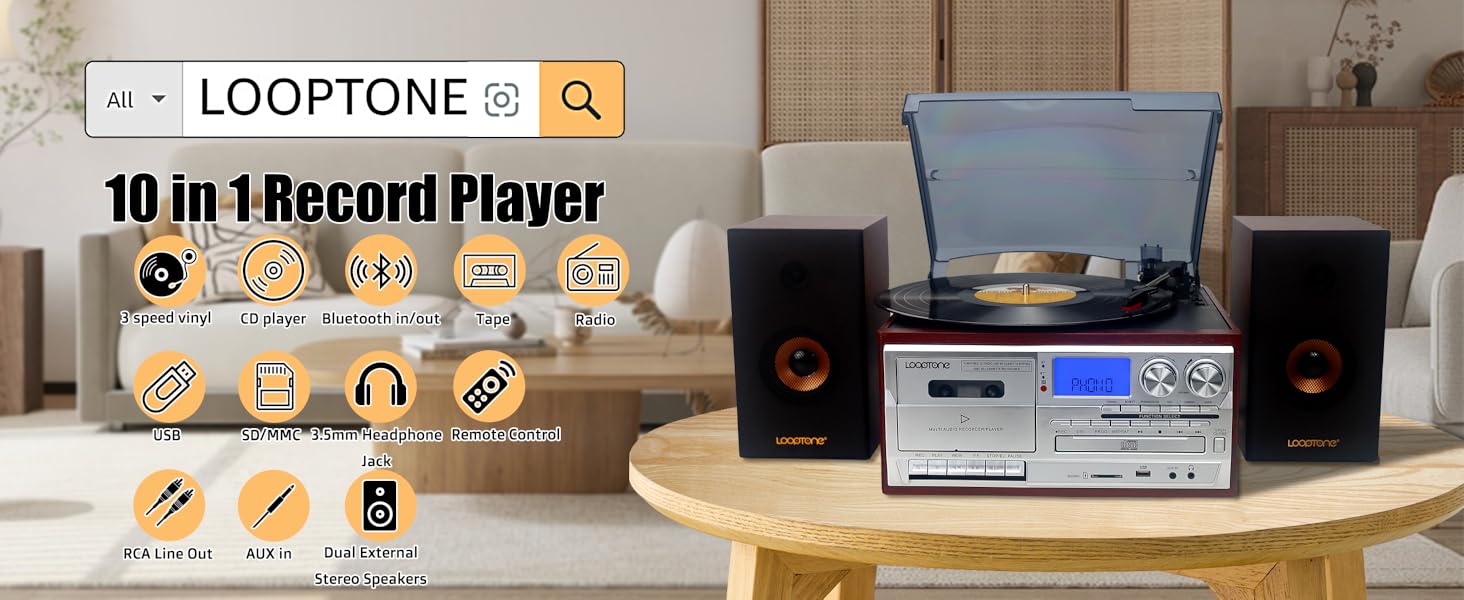 Amazon.com: LoopTone Vinyl Record Player with Dual 15W External Speakers 10 in 1 3 Speed ...