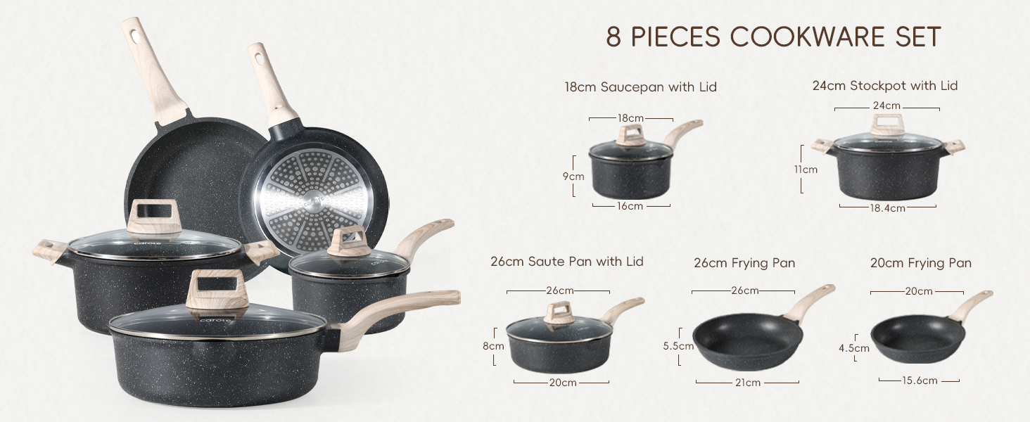 Carote Granite Non-Stick Cookware Set, 8-Piece Induction Compatible Pans and Pots with Lids ...