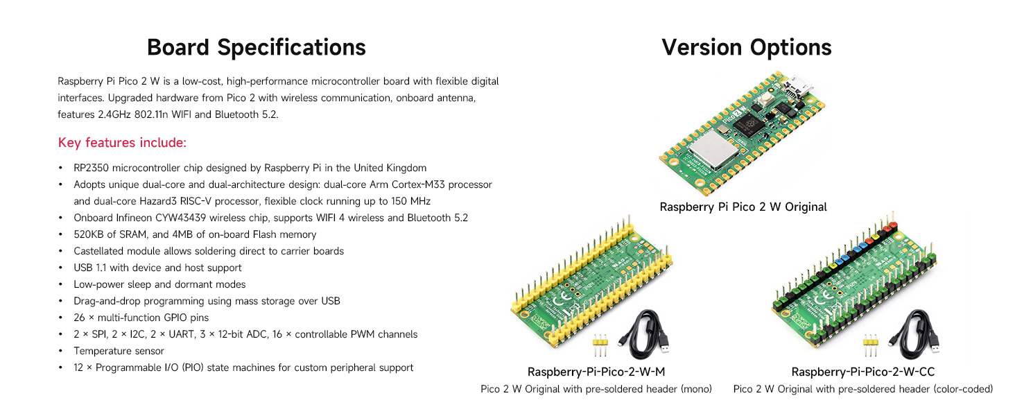 Amazon.com: Waveshare Raspberry-Pi-Pico-2W-CC, Compatible with Raspberry Pi Pico 2 ...