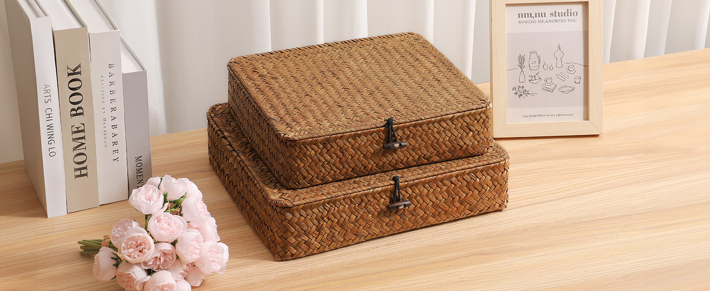 Amazon.com: JCUKHA 2 Pack Flat Woven Wicker Storage Bins with Lid ...