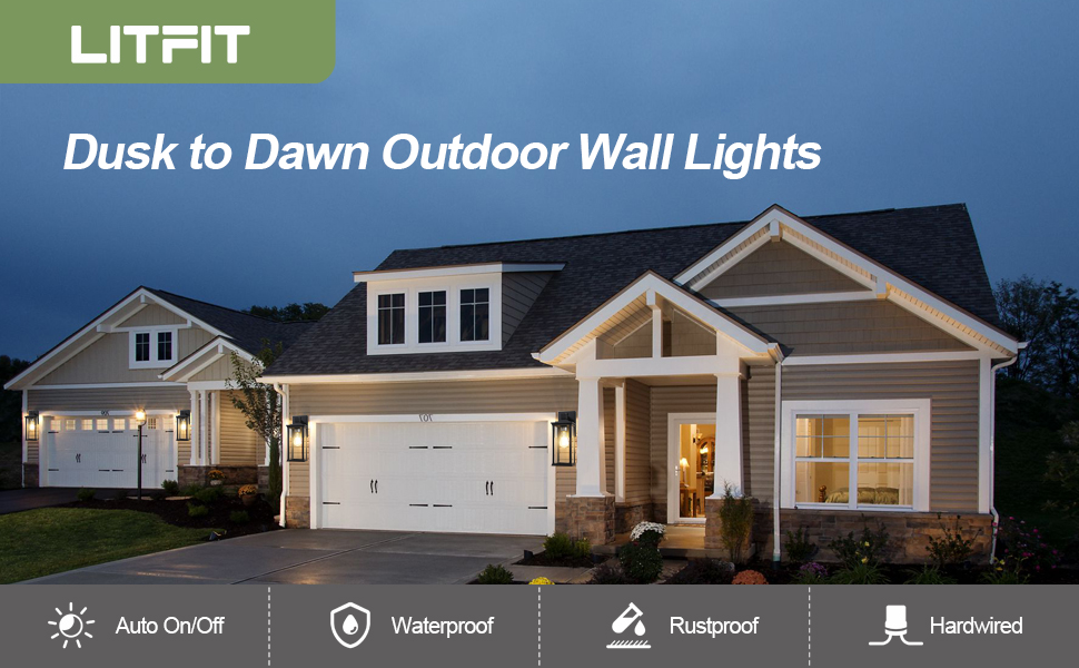 LITFIT 2-Pack Dusk to Dawn Outdoor Light Fixtures, Hardwired Outdoor Sconces Wall Mount with ...