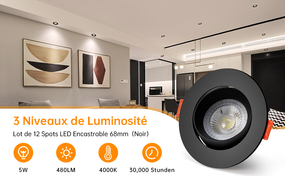 wowatt 12 x Spot LED Encastrable Dimmable Noir, Spots Encastrés 4000K Blanc Neutre, 5W 480LM ...