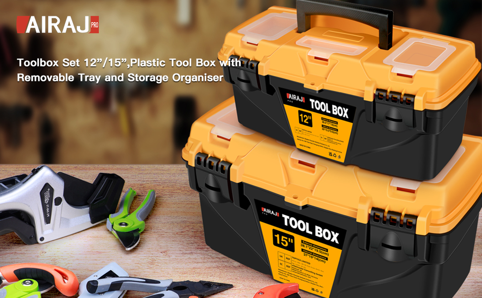 AIRAJ PRO Werkzeugbox 12''+15'', Werkzeugkiste Leer Kunststoff mit Tablett und Verriegelung，12 ...