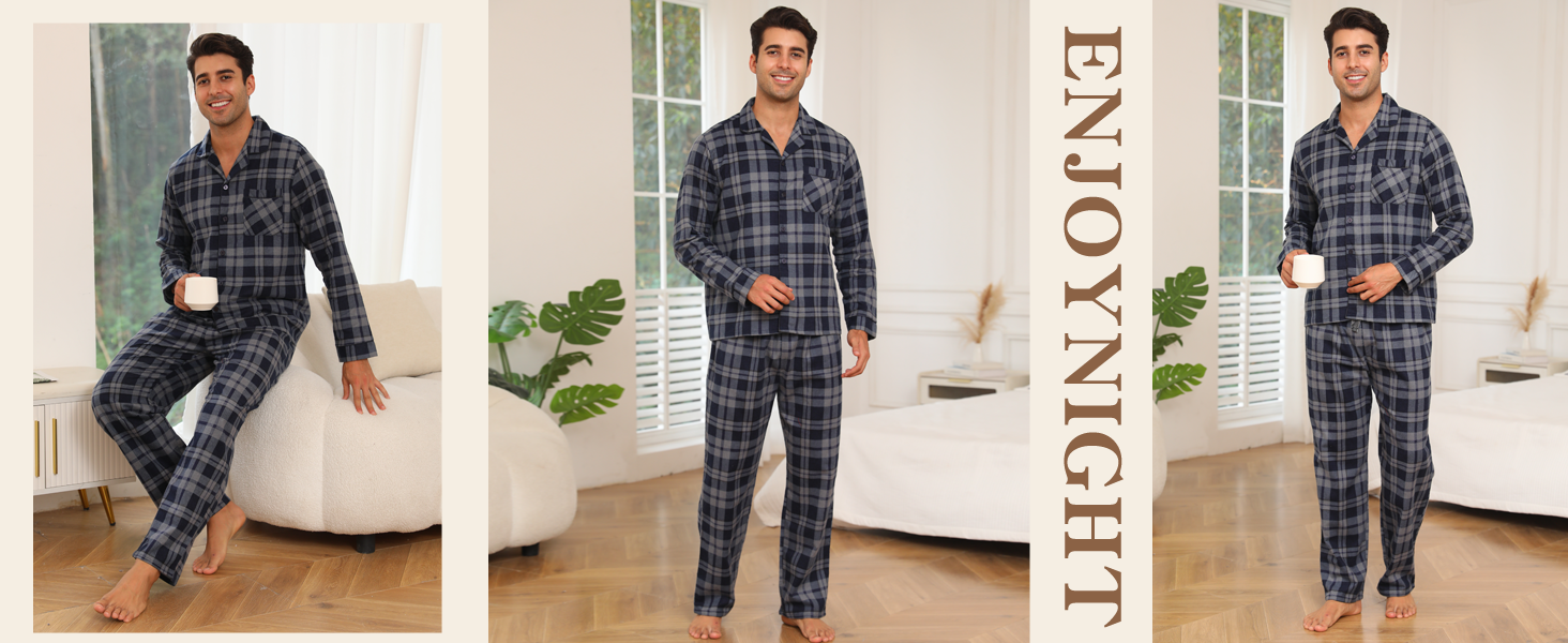 ENJOYNIGHT Mens 100% Cotton Flannel Pajamas Set Plaid Button Pjs Long Sleeve Sleepwear(X-Large ...