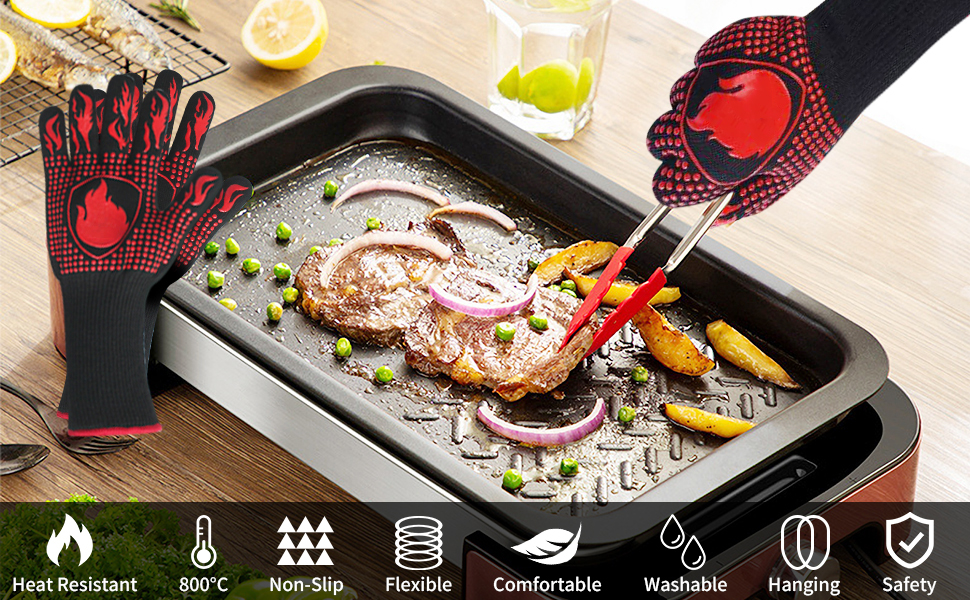 Amazon.com: BBQ Gloves Oven Mitts Grilling- 1472℉Extreme Heat Resistant Oven Gloves, Non-Slip ...