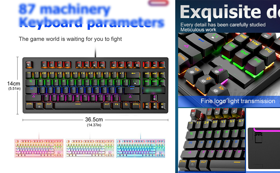 Amazon.com: Computer Mechanical Keyboard,Wired Rainbow LED Backlit 87 ...