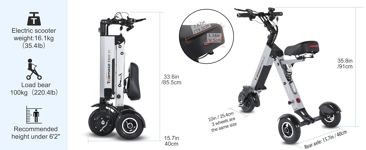 Amazon.com: TopMate ES33 Powered Mobility Scooter 3 Wheels Foldable Trike with Seat for Adults ...