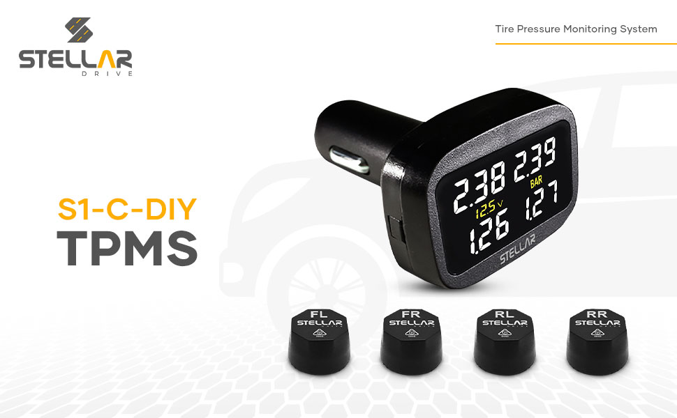 STELLAR DRIVE TPMS Tyre Pressure Monitoring System | External 4 Sensors | 12V Cigarette Plug ...