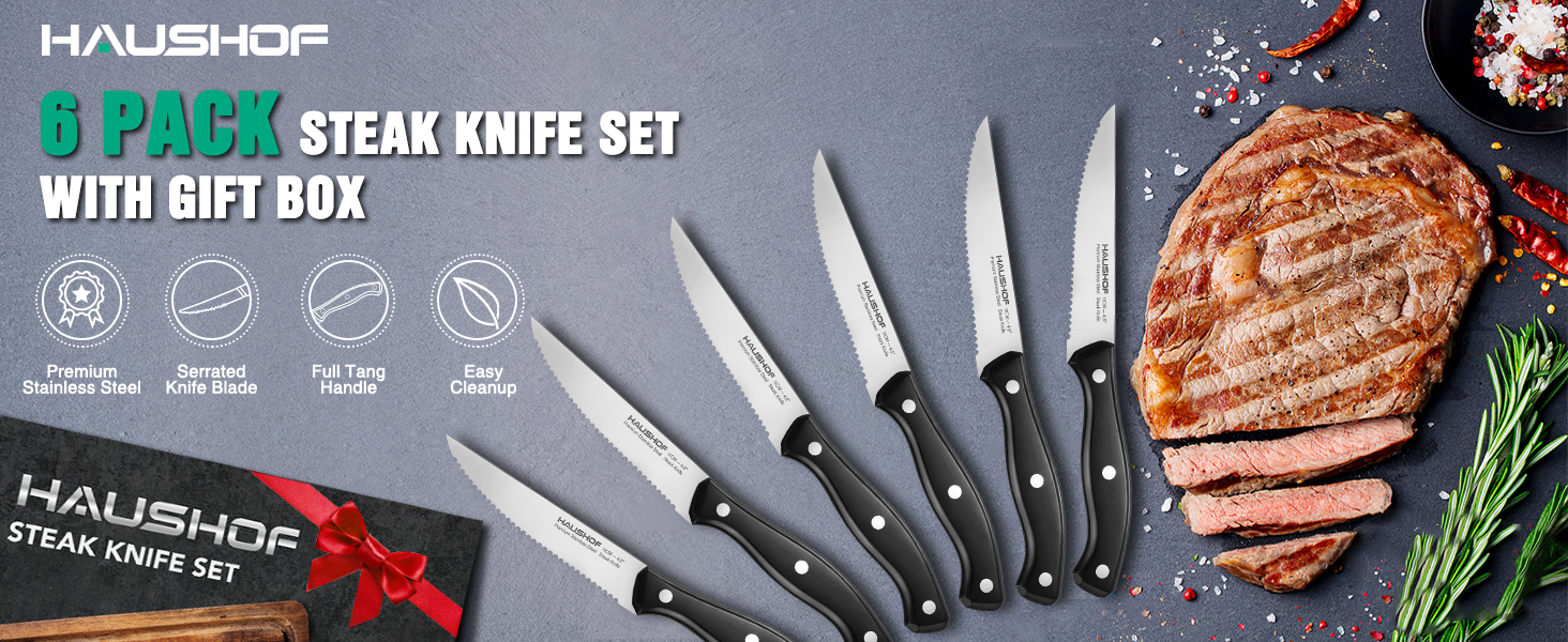 Amazon.com: HAUSHOF Steak Knives Set of 6, Premium Stainless Steel Serrated Steak Knife Set with ...
