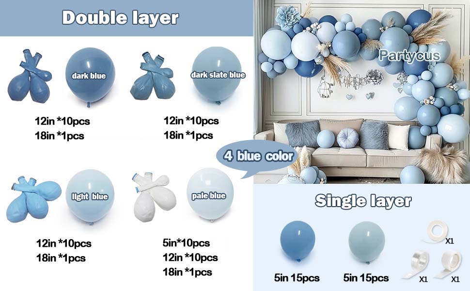 Amazon.com: Dusty Blue Balloon Arch Kit - Double Stuffed Dark Blue Baby Blue Balloon Garland ...